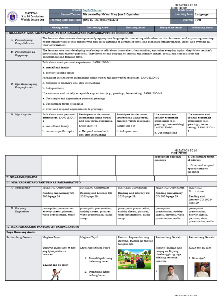 Dll Matatag_language 1 q1_w1 v2 (1) | PDF