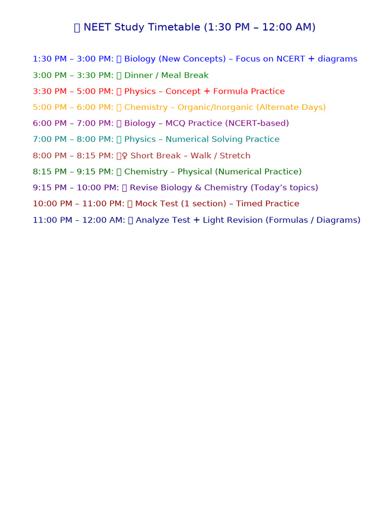 NEET Study Timetable Emojis Colored | PDF