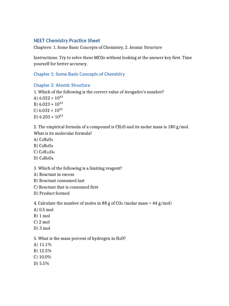 NEET Chemistry Practice Sheet | PDF