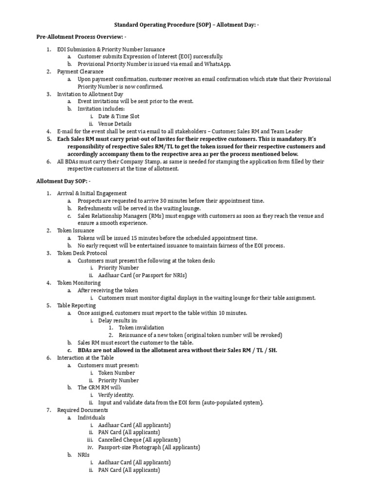 Allotment Day SOP: Process & Guidelines | PDF