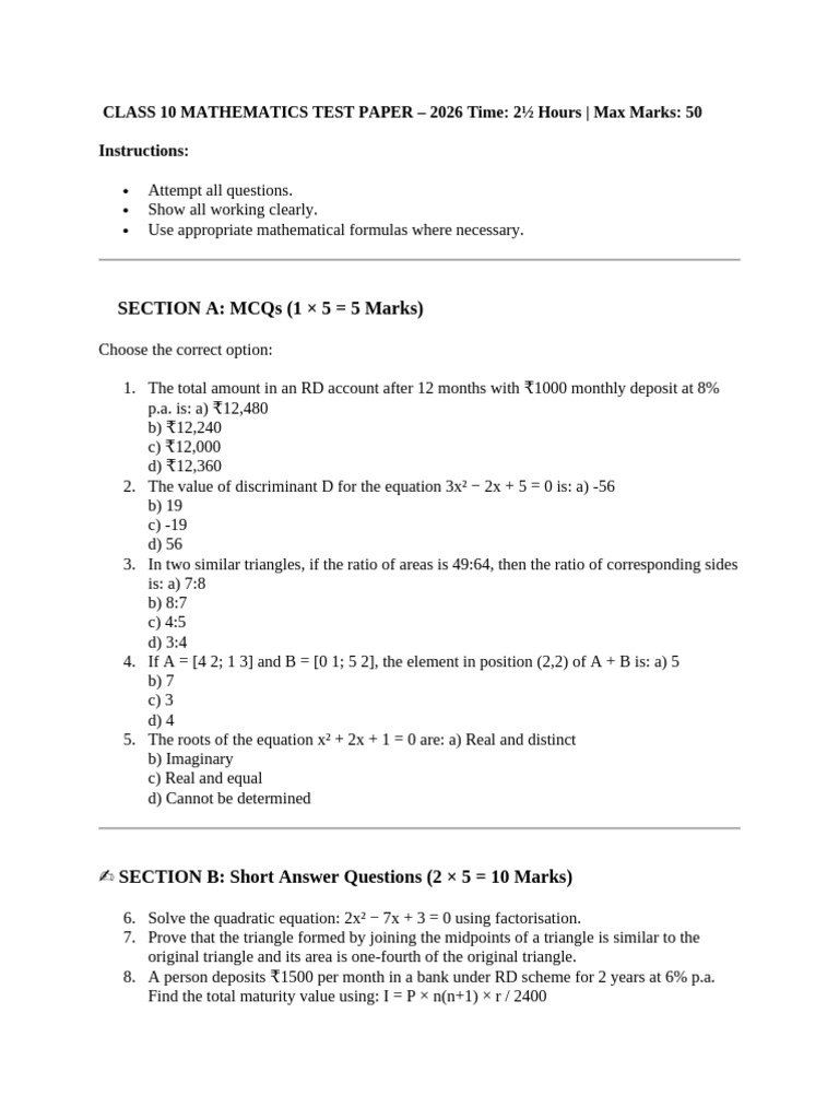 Class 10 Mathematics Test Paper | PDF | Quadratic Equation | Area