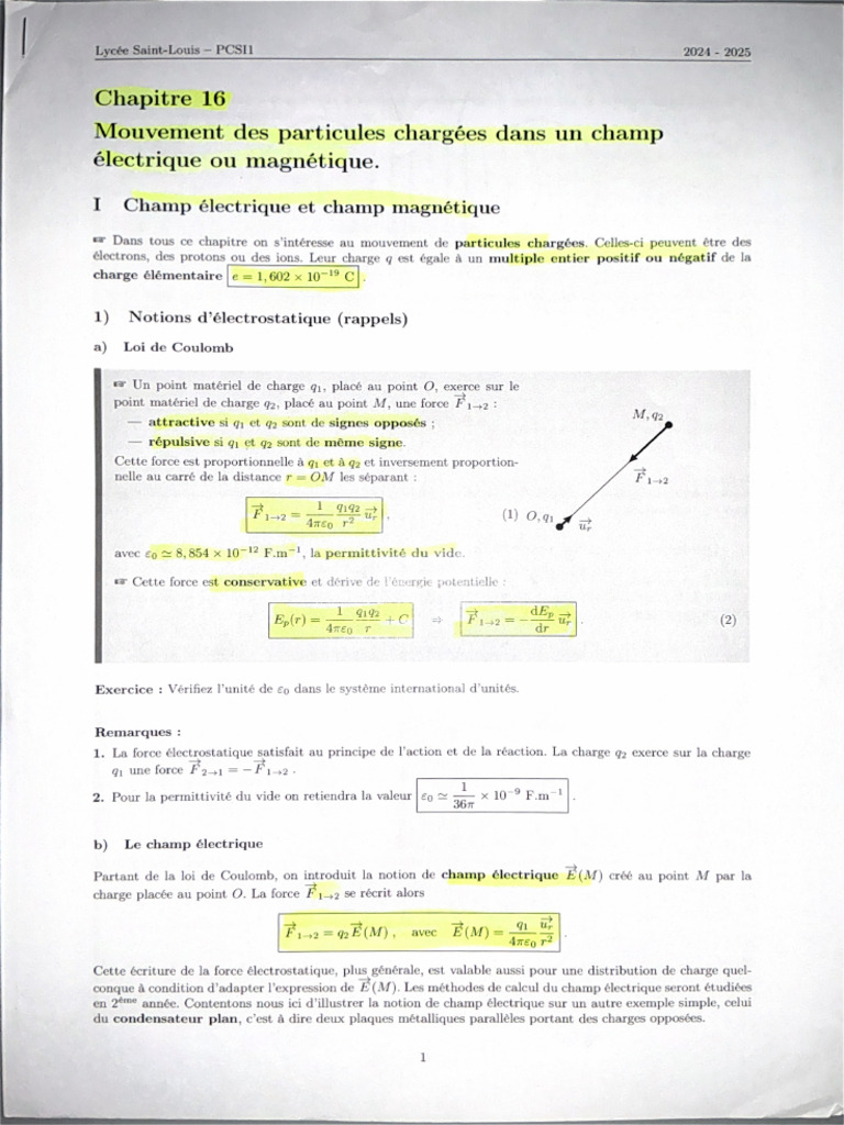 Chapitre 16: Mouvement Des Particules Chargées Dans Un Champ Électrique ...