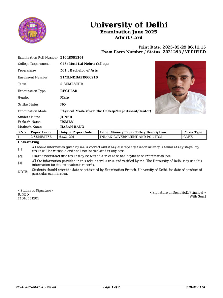 Delhi University 2025 Admit Card | PDF