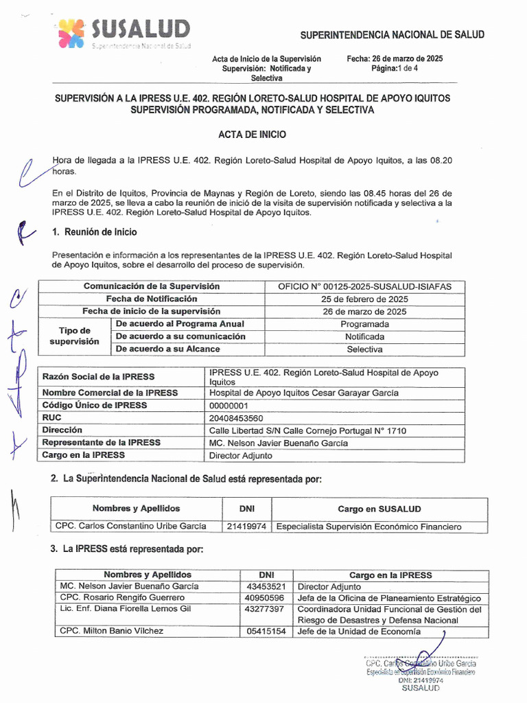 Acta de Inicio - Susalud | PDF
