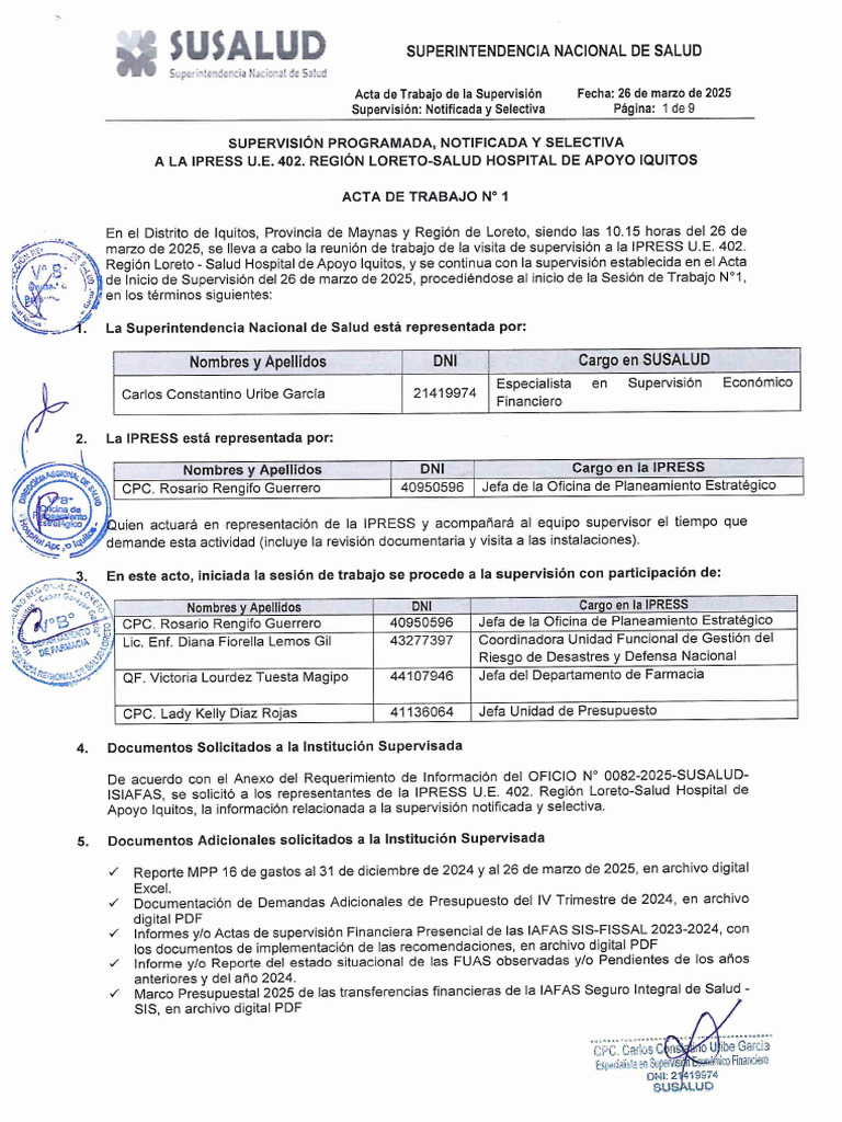 Acta de Trabajo N°1 - Susalud | PDF