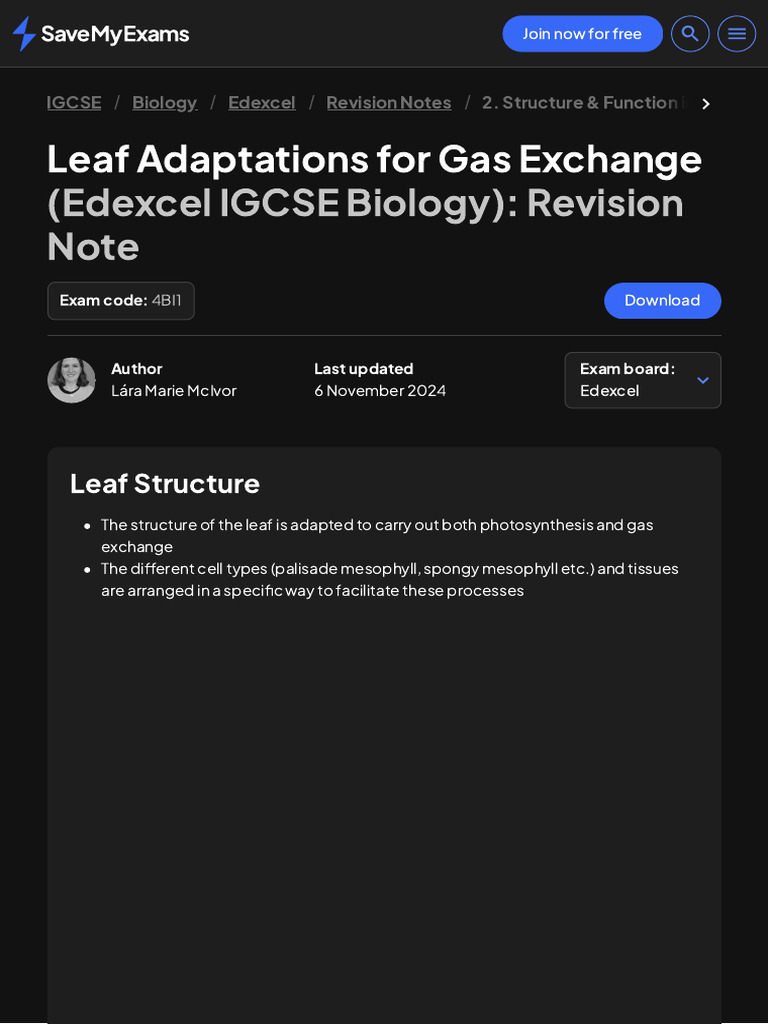 Leaf Adaptations For Gas Exchange: (Edexcel IGCSE Biology) : Revision Note | PDF | Leaf | Stoma