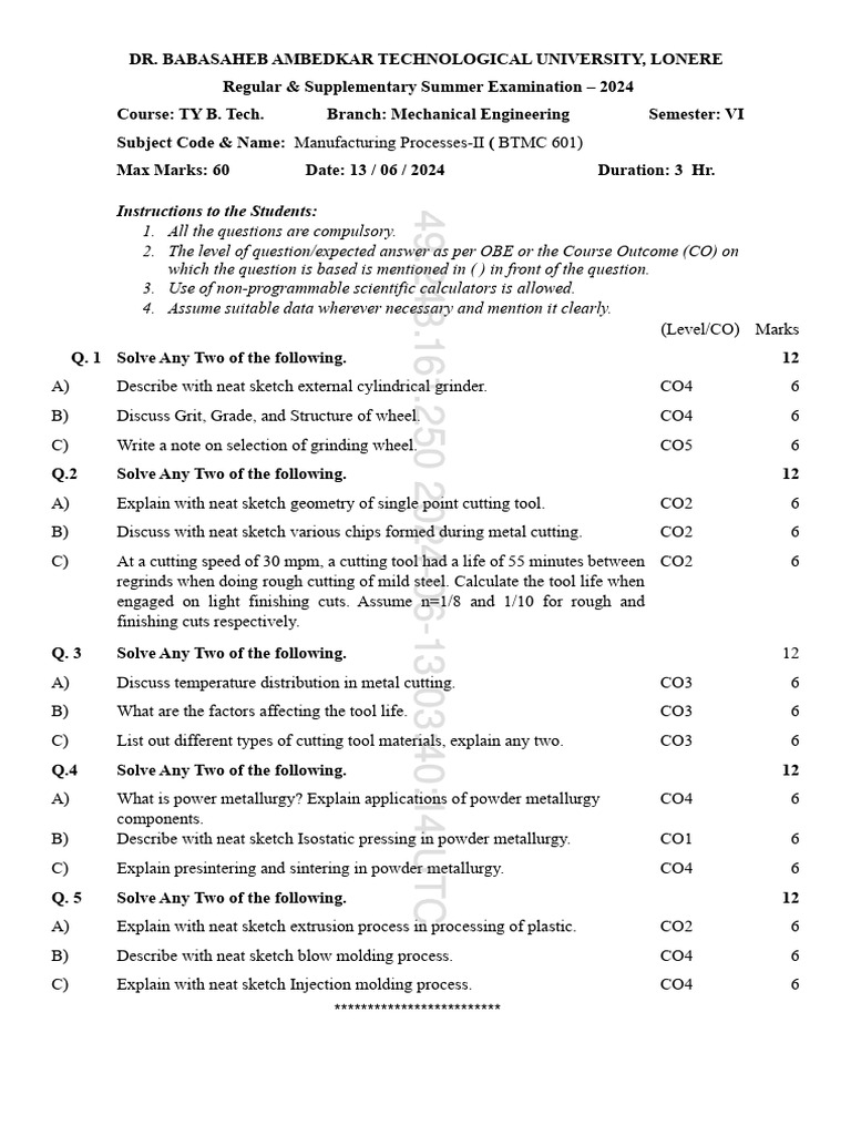 Manufacturing Processes II Exam 2024 | PDF | Building Engineering ...