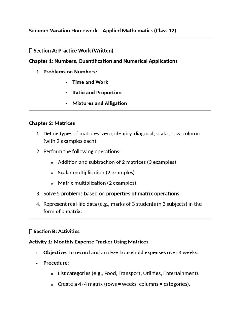 XII Applied Math Summer Vacation Homework | PDF | Matrix (Mathematics) | Linear Algebra