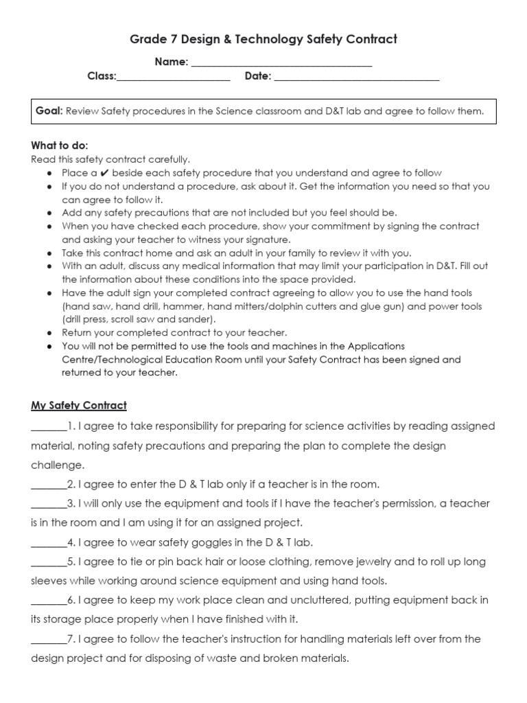 Grade 7 D&T Safety Contract | PDF