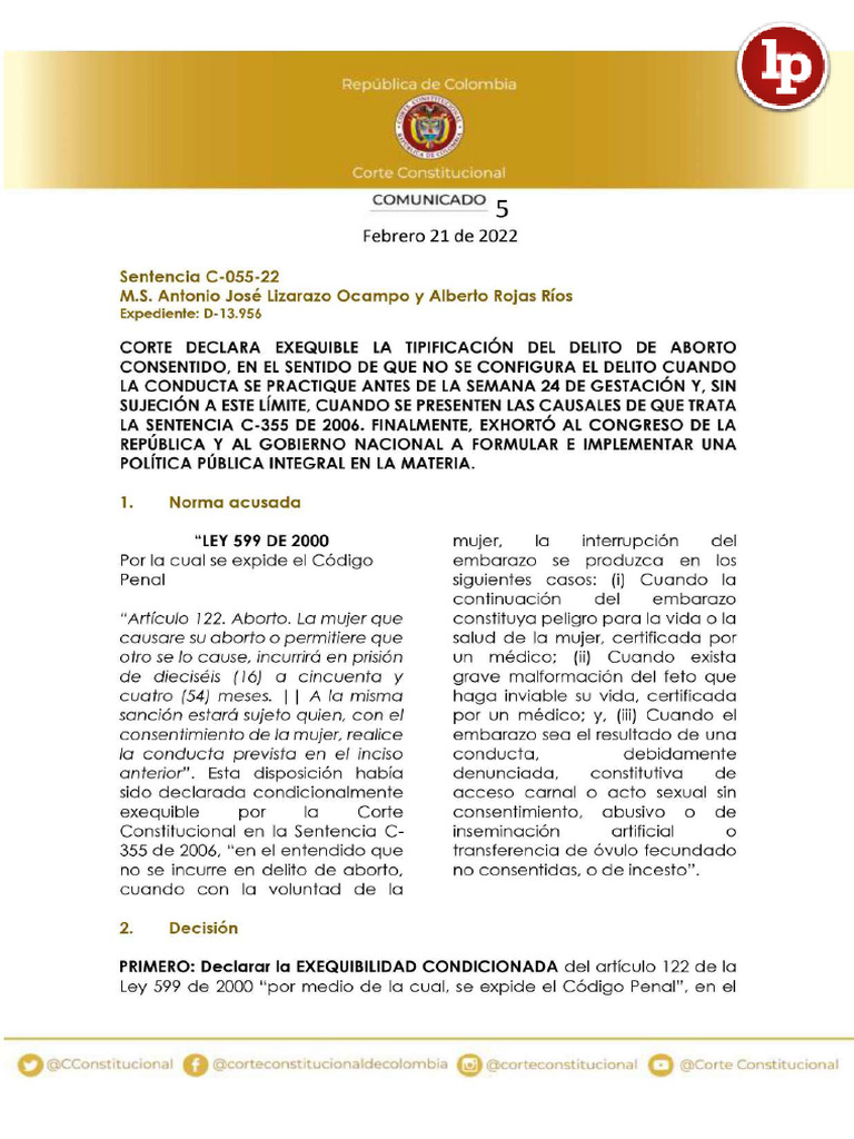 Comunicado Oficial Sentencia C 055 2022 LPDerecho | PDF