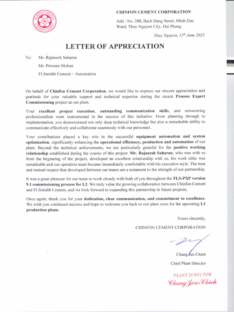 Letter of Appreciation-Chinfon Cement-ESC ProcessExpert | PDF