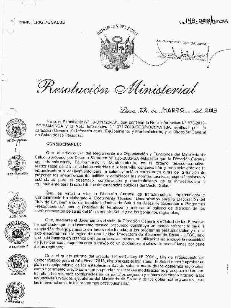 RM 148-2013 Lineamientos Plan Equipamiento | PDF