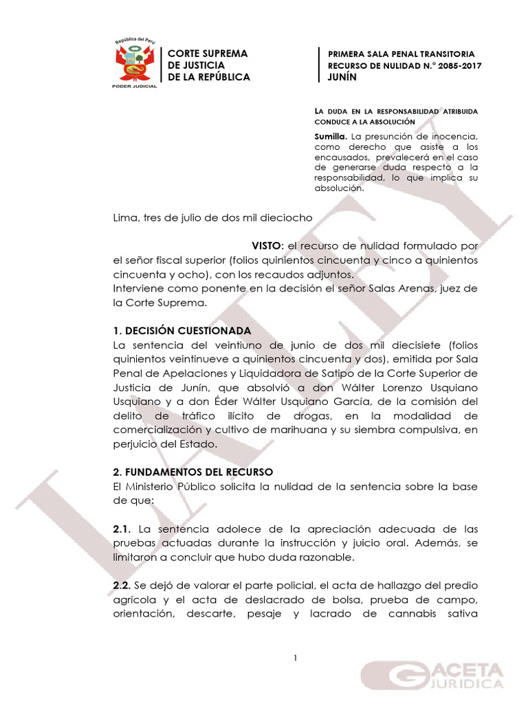Recurso de Nulidad N°2085-2017-Junín | PDF | Cannabis (Droga) | Ley común
