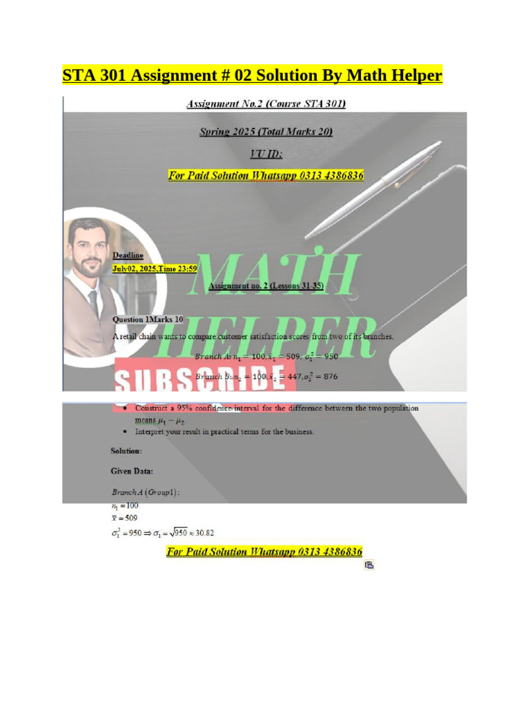 STA301 Assignment # 2 Solution by Math Helper (2) | PDF