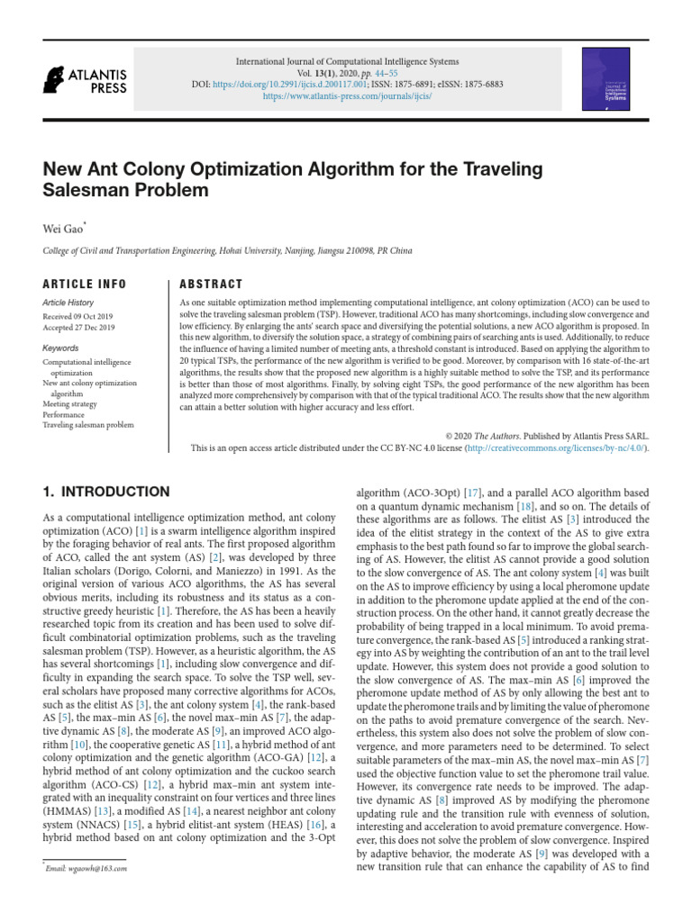 New Ant Colony Optimization Algorithm For The Traveling Salesman Problem | PDF | Algorithms And ...