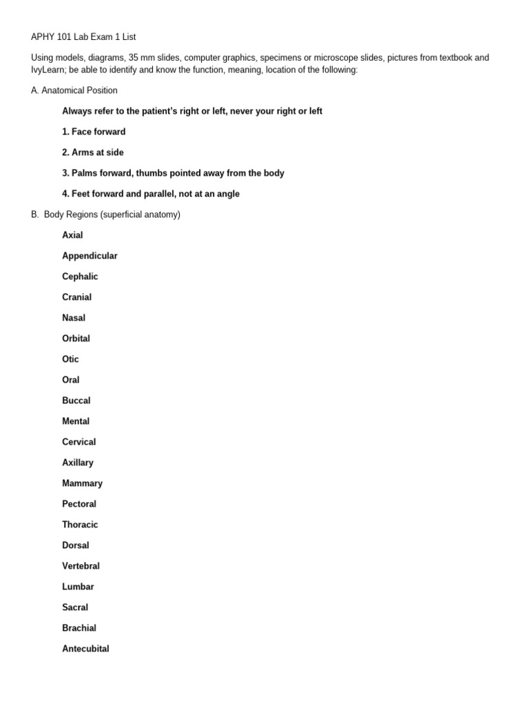 APHY 101 Lab Exam 1 Structures and Parts | PDF | Anatomical Terms Of ...