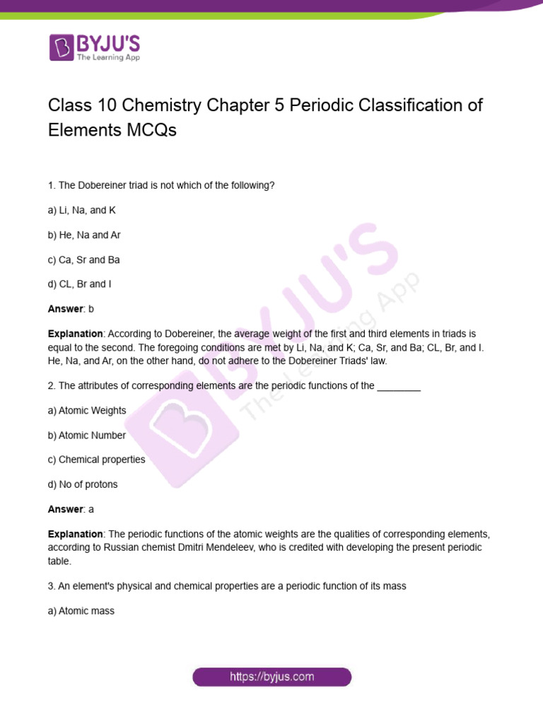 Class 10 Periodic Classification MCQs | PDF | Chemical Elements ...