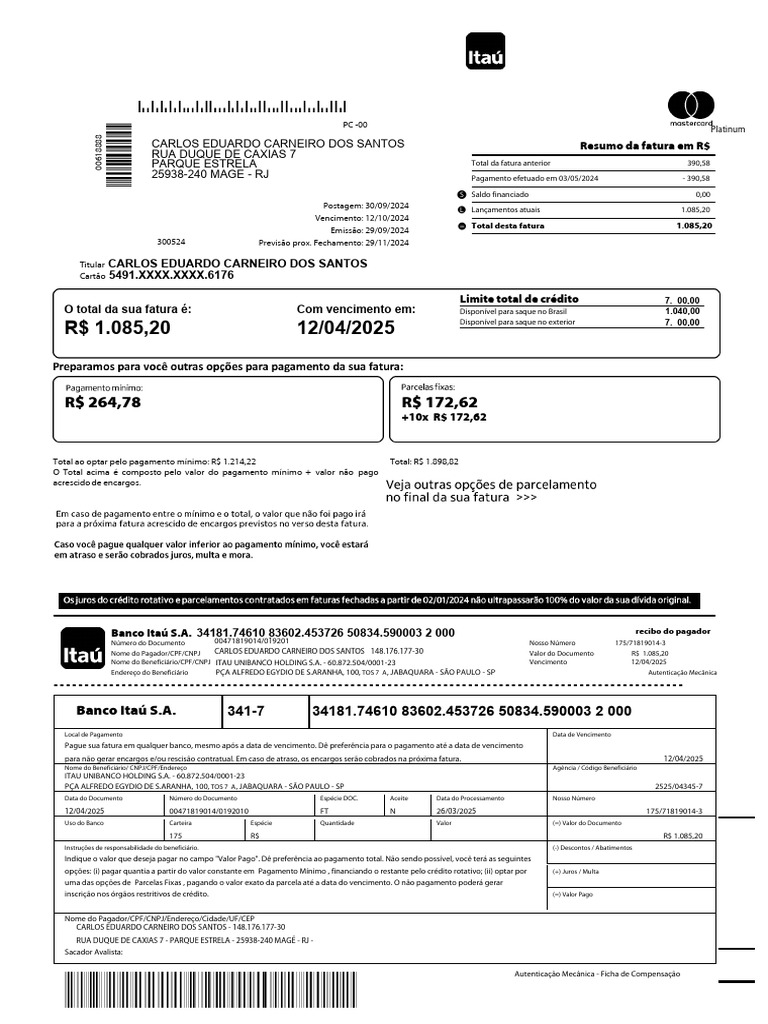 2via - Fatura - Itaucard - 6176 - Fatura - 2025-04 | PDF | Crédito ...
