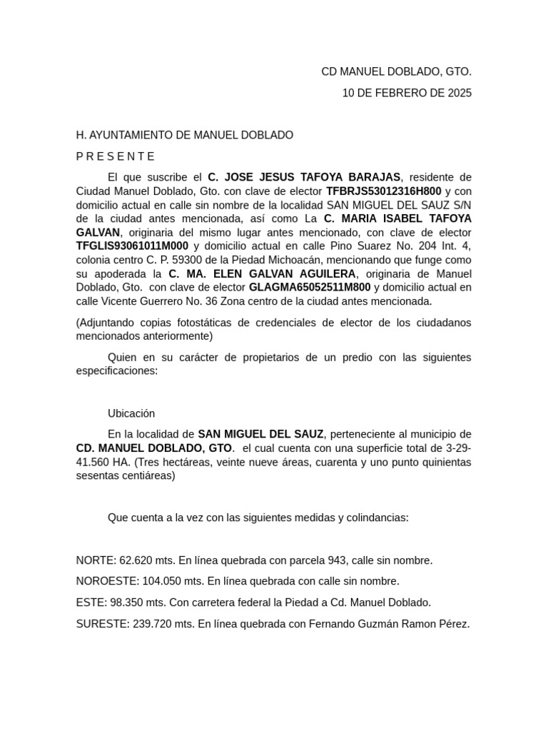 C. Jose Jesus Tafoya Barajas TFBRJS53012316H800 C. Maria Isabel Tafoya ...