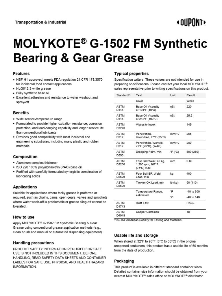 MOLYKOTE G-1502 FM Synthetic Bearing and Gear Grease | PDF | Mechanical ...