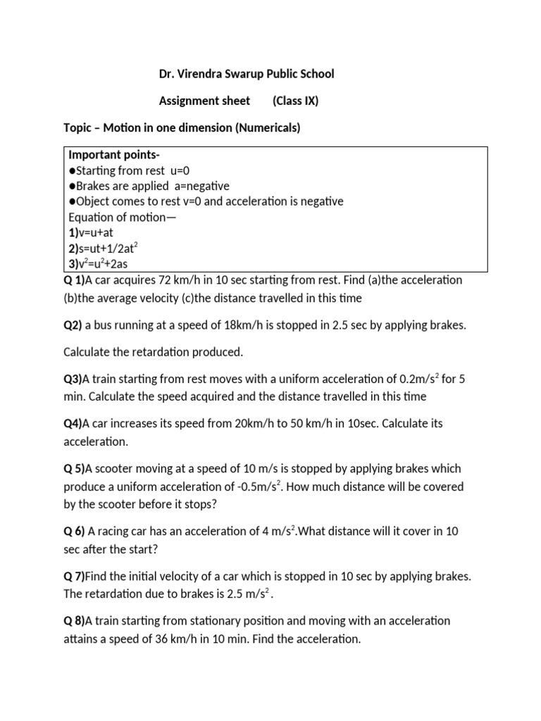 Class IX Motion Numericals | PDF