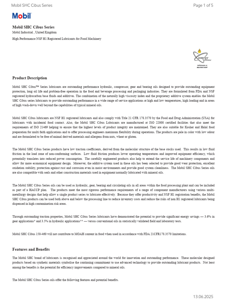 Ficha Tecnica Mobil SHC Cibus | PDF | Lubricant | Exxon Mobil