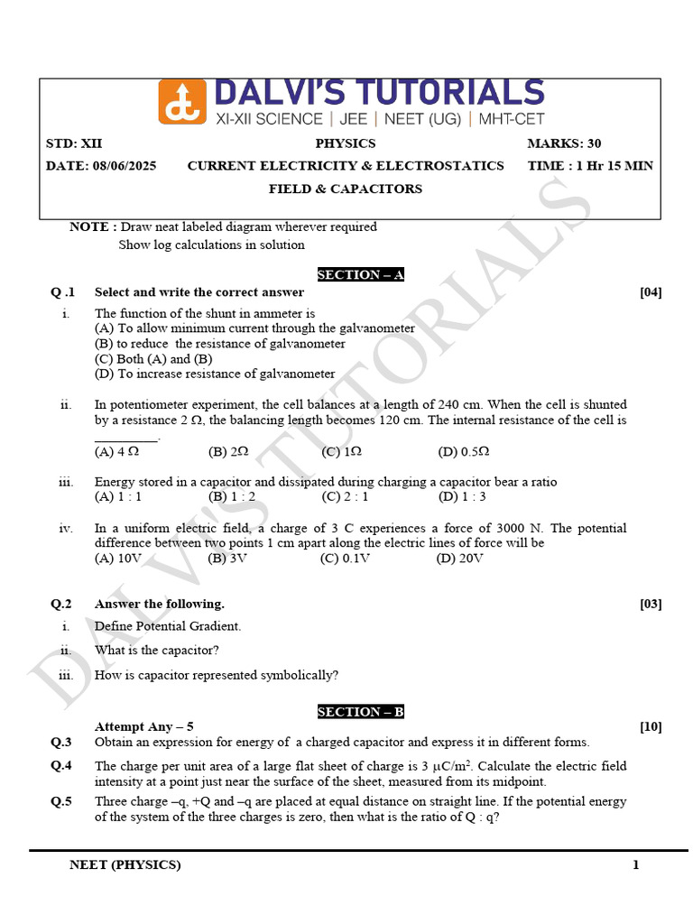 Xiith-Neet - Theory - Current Electricity & Electrostatics Field & Capacitors | PDF | Quantity ...