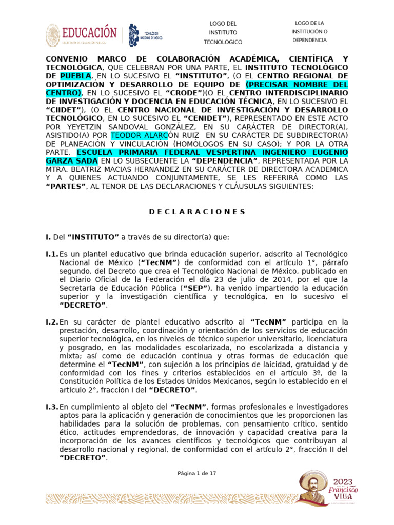 Formato de Convenio Marco de Colaboración Académica Con Dependencia Ver ...