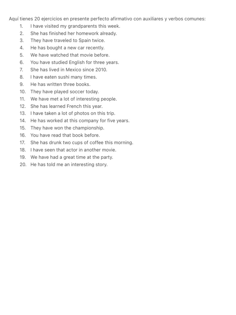 20 Ejercicios de Presente Perfecto | PDF