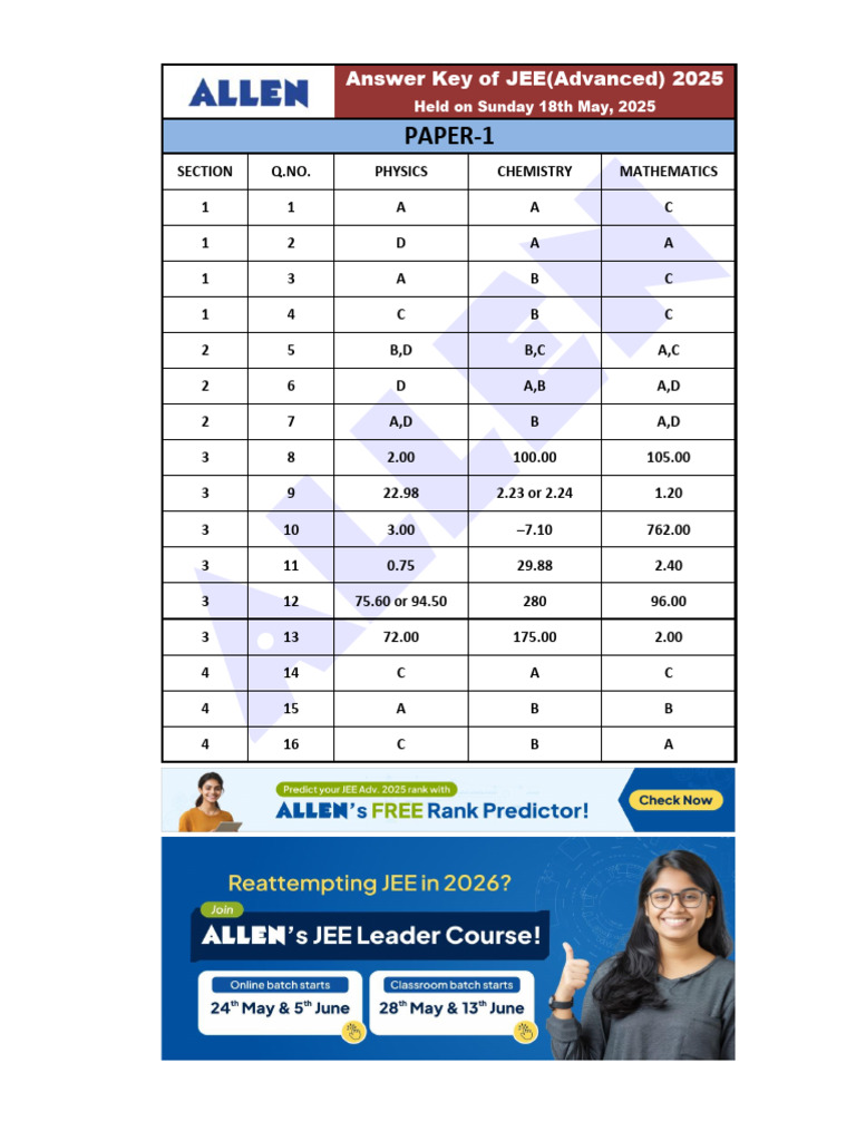 Answerkey Paper 1 | PDF