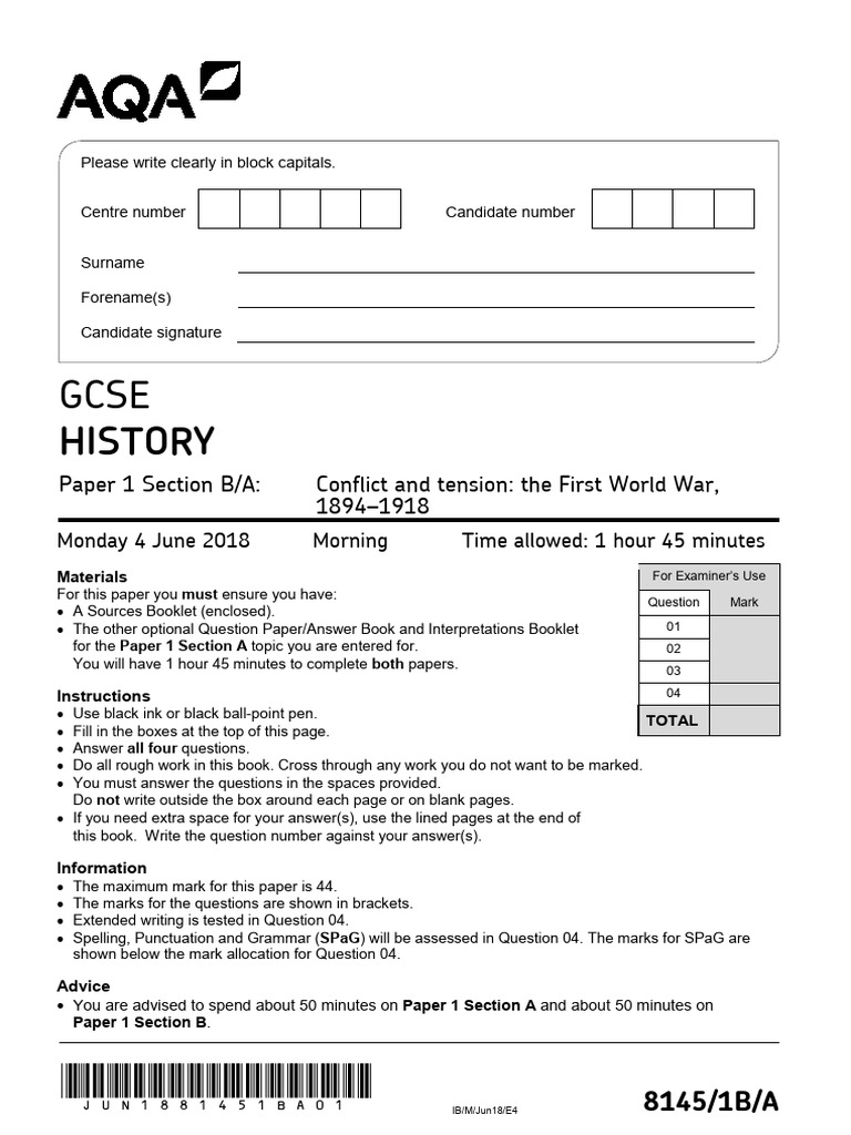 GCSE History Exam Paper: WWI Focus | PDF