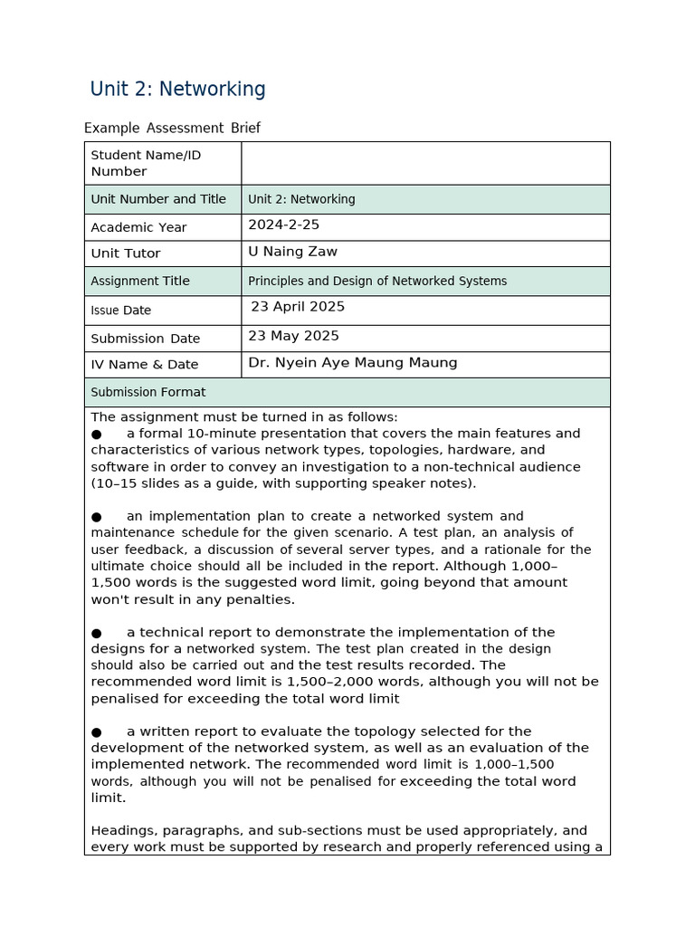 BTEC Assignment Brief (Networking) - SayaNaing | PDF | Computer Network | Cloud Computing