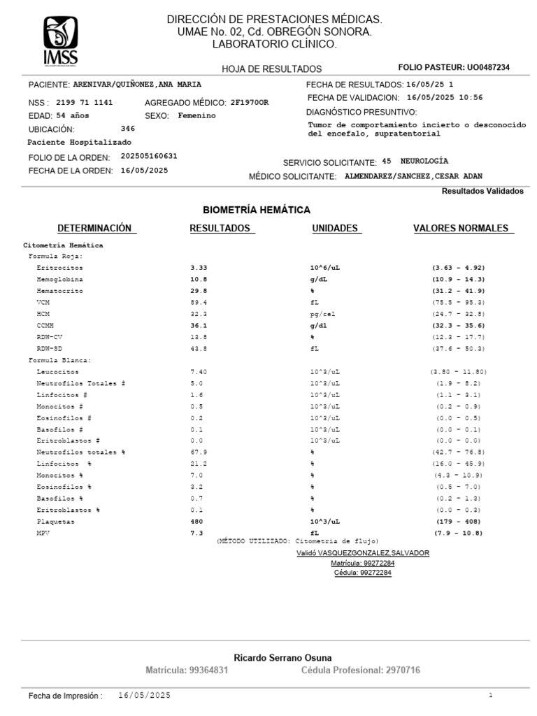 Biometría Hemática: Determinación Resultados Valores Normales Unidades ...