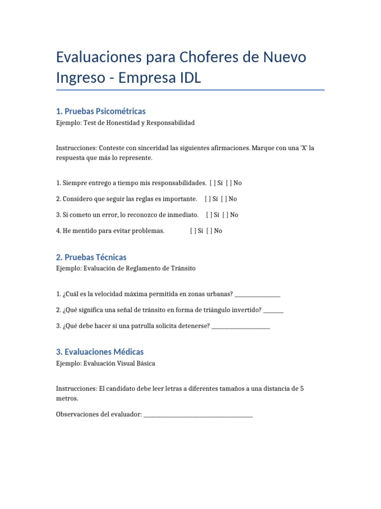 Pruebas Choferes Nuevo Ingreso IDL | PDF
