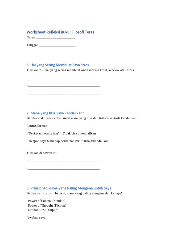 Worksheet Refleksi Filosofi Teras | PDF