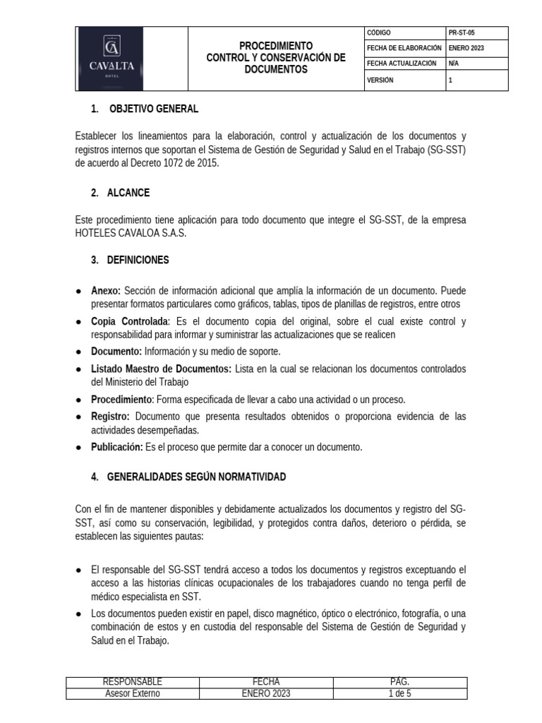 PR-ST-05 - Procedimiento Control de Documentos SG-SST | PDF | Documento