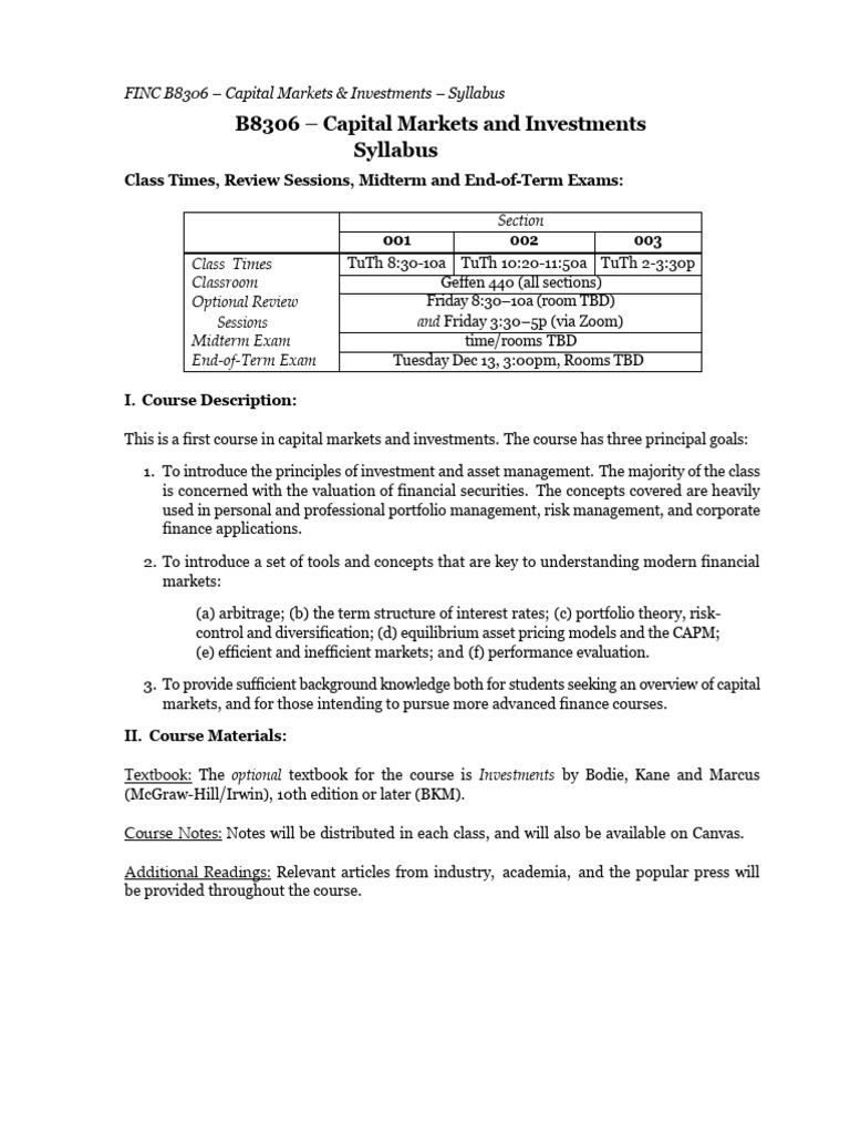 Cap Mkts Syllabus - Sample | PDF | Investing | Capital Asset Pricing Model