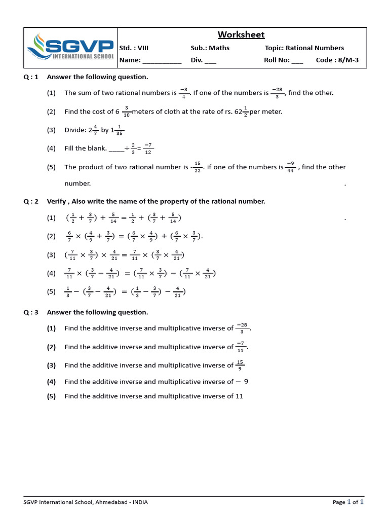 8 - Maths - WS - CH 3 Rational Numbers | PDF | Mathematics | Arithmetic