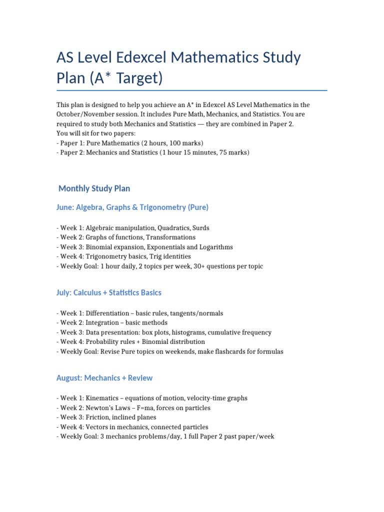 AS Math Study Plan A Star Oct Nov | PDF