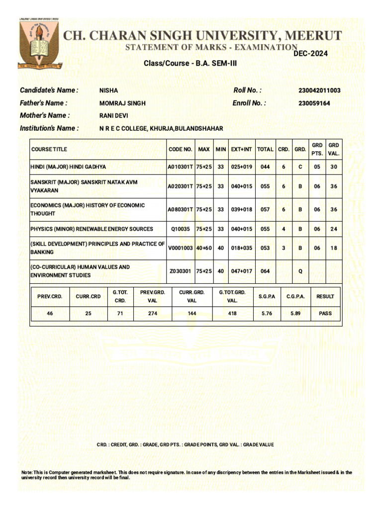 Nisha 3rd Sem Result 2025 Marksheet | PDF