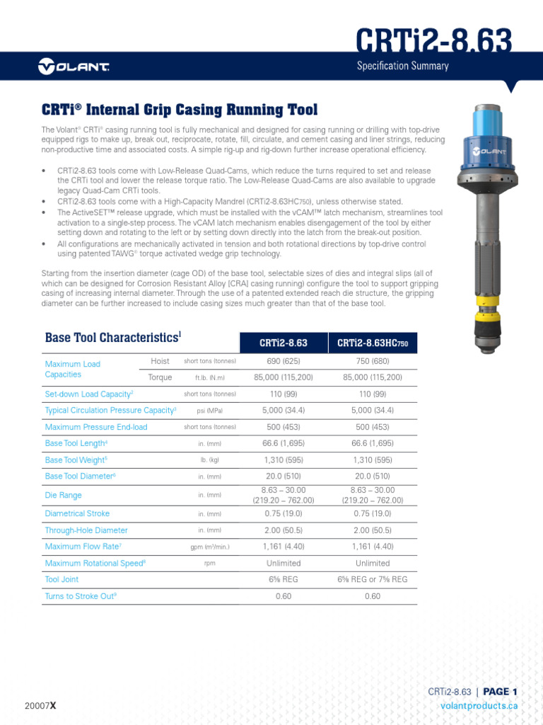 Volant CRTi2-8.63 Casing Running Tool | PDF | Casing (Borehole) | Pipe ...