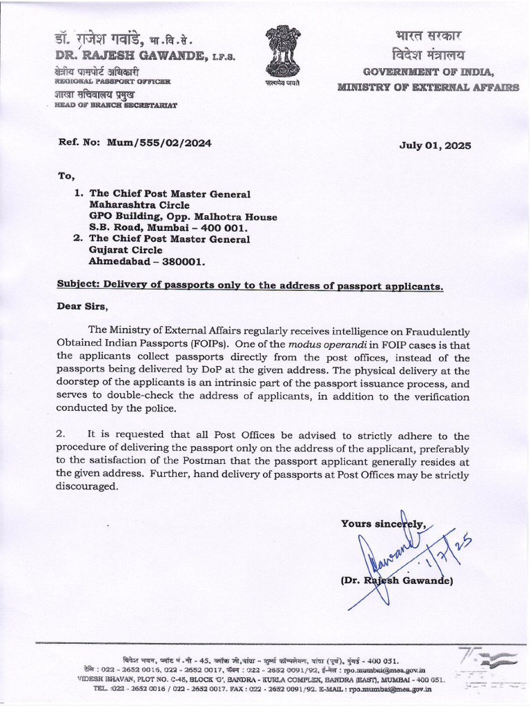 Delivery of Passports Only To The Address of Passport Applicants. | PDF