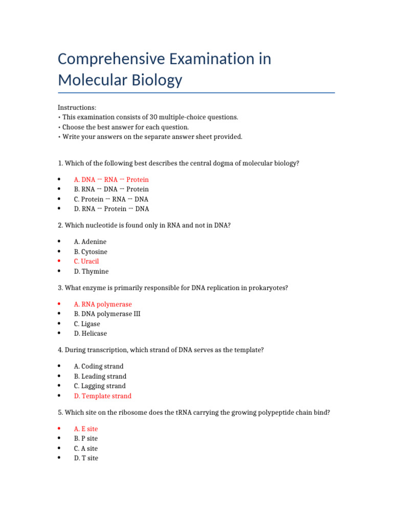 Molecular Biology Exam Question Bank | PDF | Dna | Gene