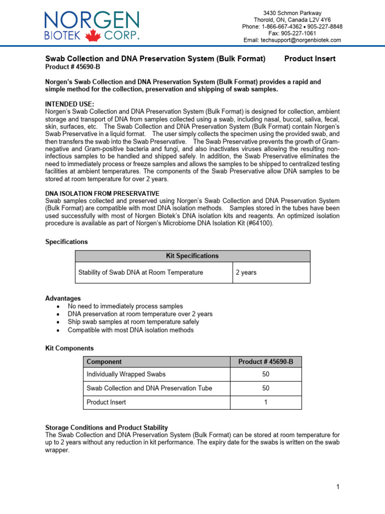 Swab Collection and DNA Preservation System Bulk Format Insert PI45690 ...