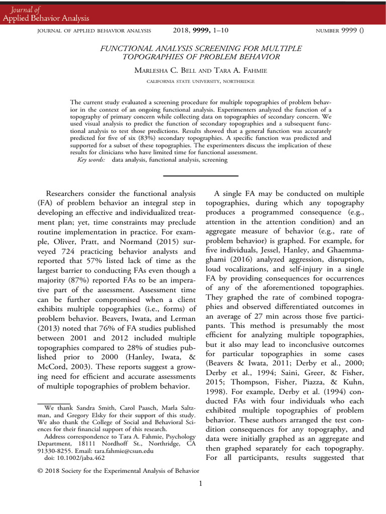 Functional Analysis Screening For Multiple Topographies of Problem Behavior | PDF ...