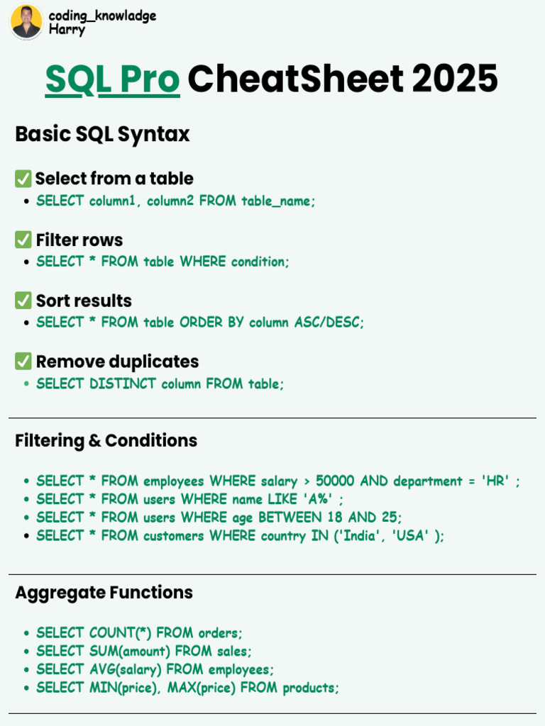 SQL Pro CheatSheet 2025-@PDFMatrix | PDF | Data Management | Programming Paradigms