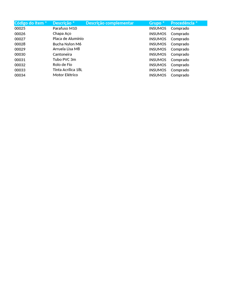 Planilha Modelo Itens MAXIPROD | PDF