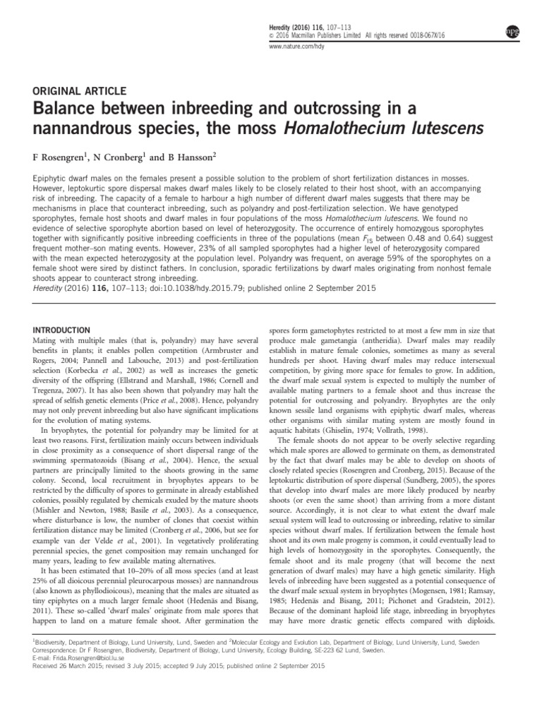 Balance Between Inbreeding and Outcrossing in A | PDF | Single ...
