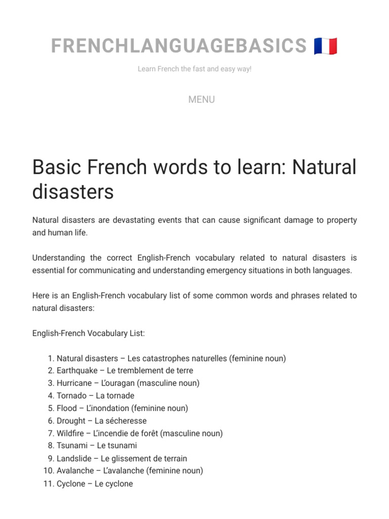 Basic French Words To Learn - Natural Disasters - Frenchlanguagebasics ...