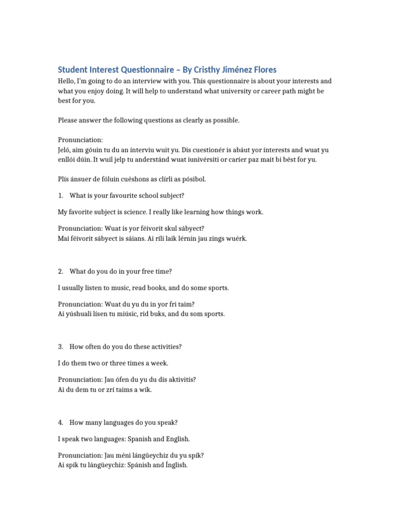 Student Interest Questionnaire Cristhy Intro Pronunciation | PDF
